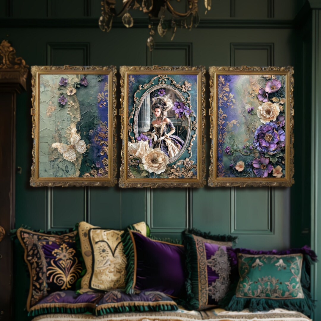 Marie Antoinette Portrait Triptych: Baroque Floral Wall Art (digital ...