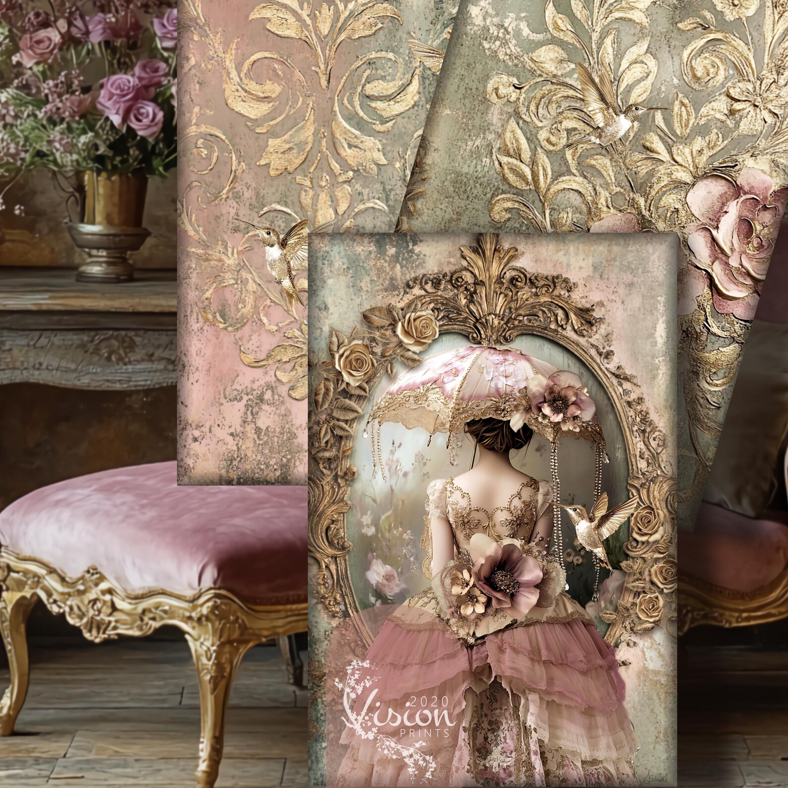 Victorian Lady Portrait: Floral Baroque Triptych Wall Art (digital ...