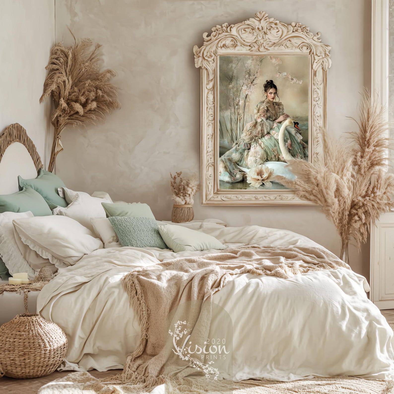 Lady and Swan Portrait Art Print: Elegant Bouffant Diptych (digital ...
