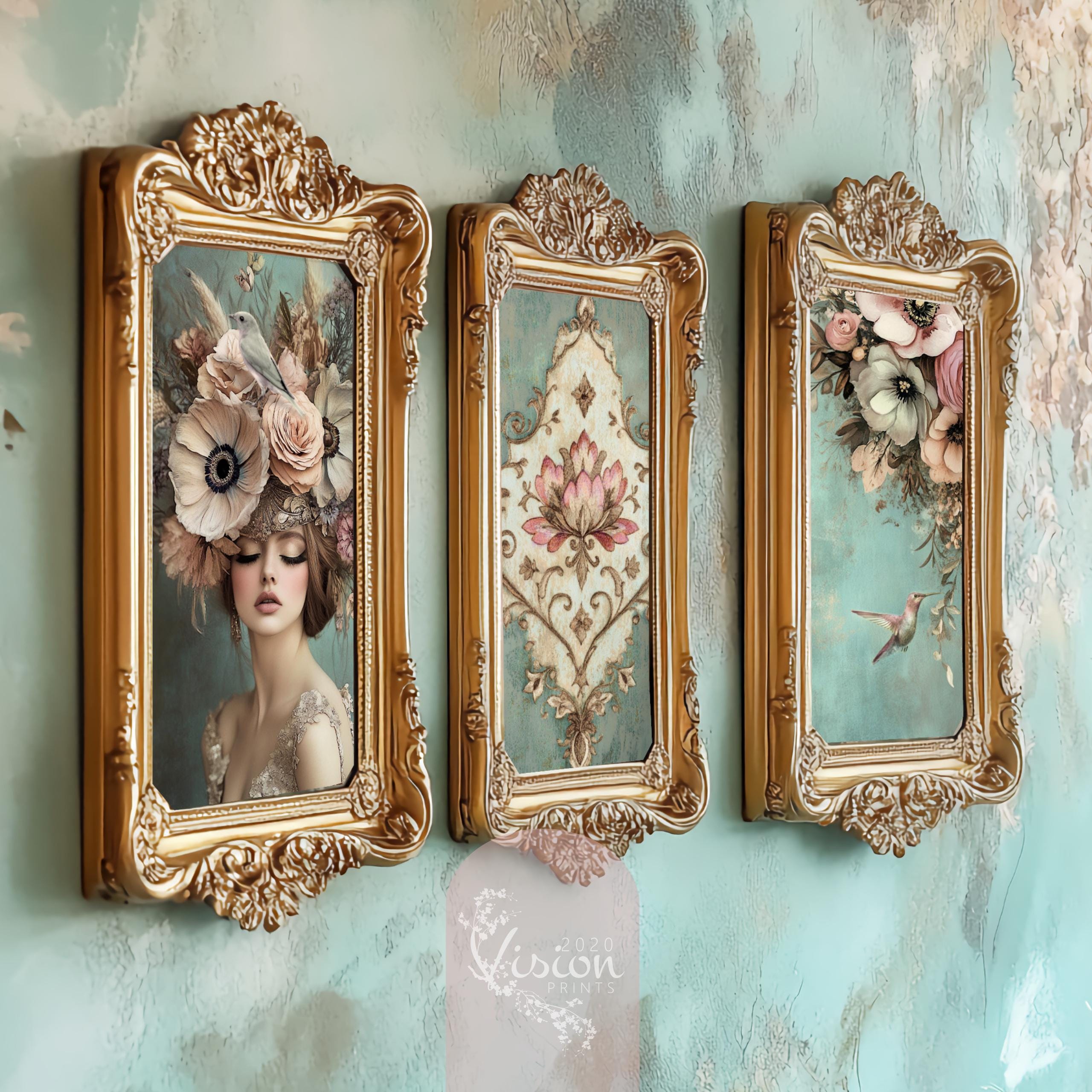 Flapper Portrait Art Print Set: Vintage Floral Demask Gallery Wall ...