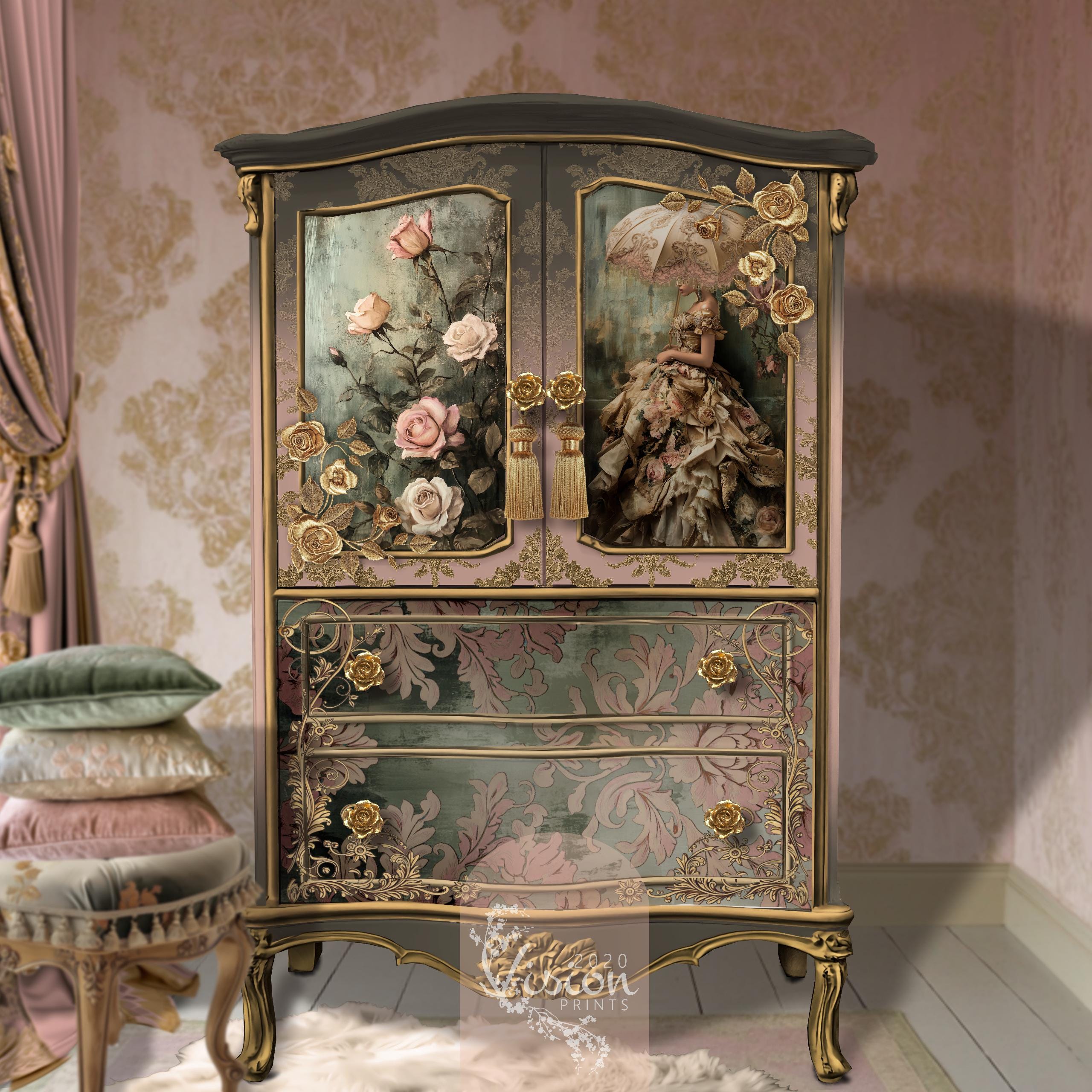 Rococo Rose Portrait Art Prints: Baroque Floral Damask (digital ...