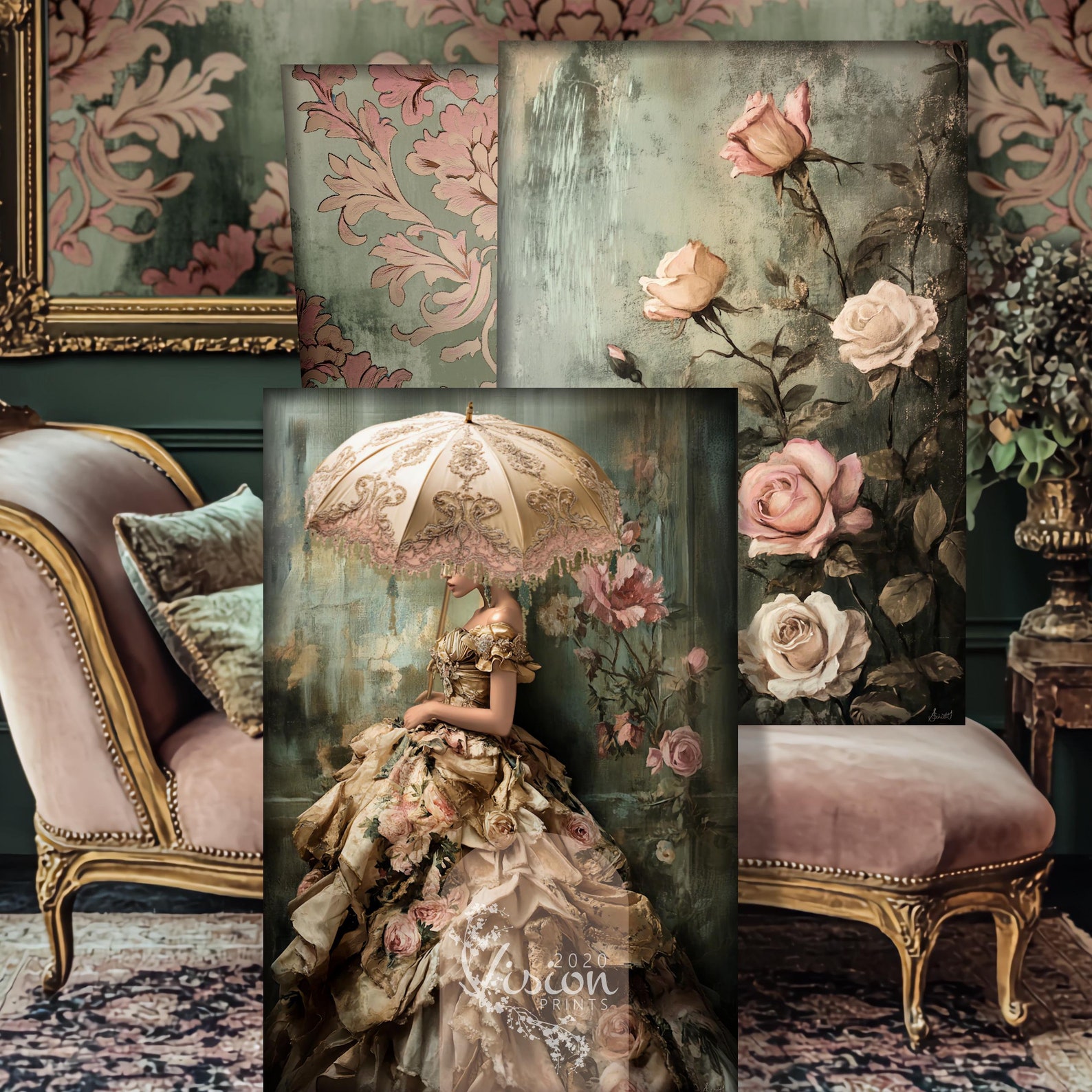 Rococo Rose Portrait Art Prints: Baroque Floral Damask (digital ...