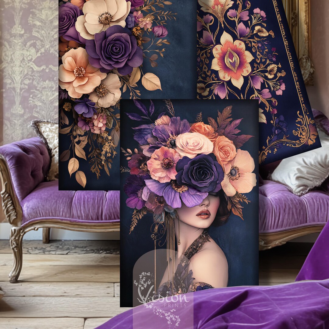 Mystic Blooms Portrait Floral & Demask Pattern Download Set, Large Format Moody Fantasy Wall Art ...