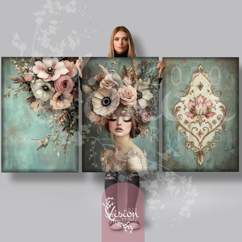 Flapper Portrait Art Print Set: Vintage Floral Demask Gallery Wall ...