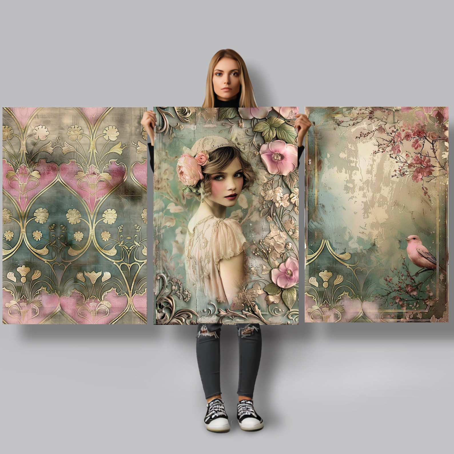 Art Deco Flapper Girl Print Set: Vintage Floral Wall Art (digital ...