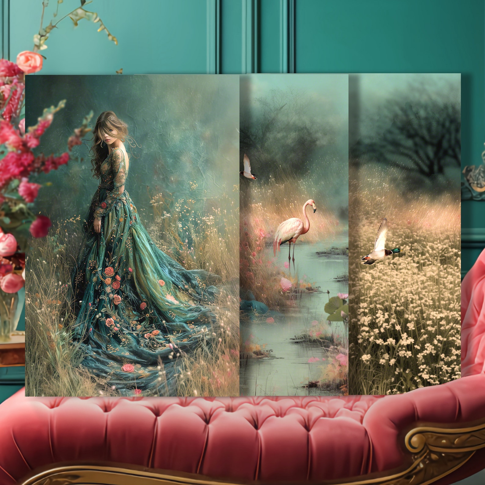 Field of Dreams Triptych: Elegant Lady, Lake, Bird & Floral Art ...