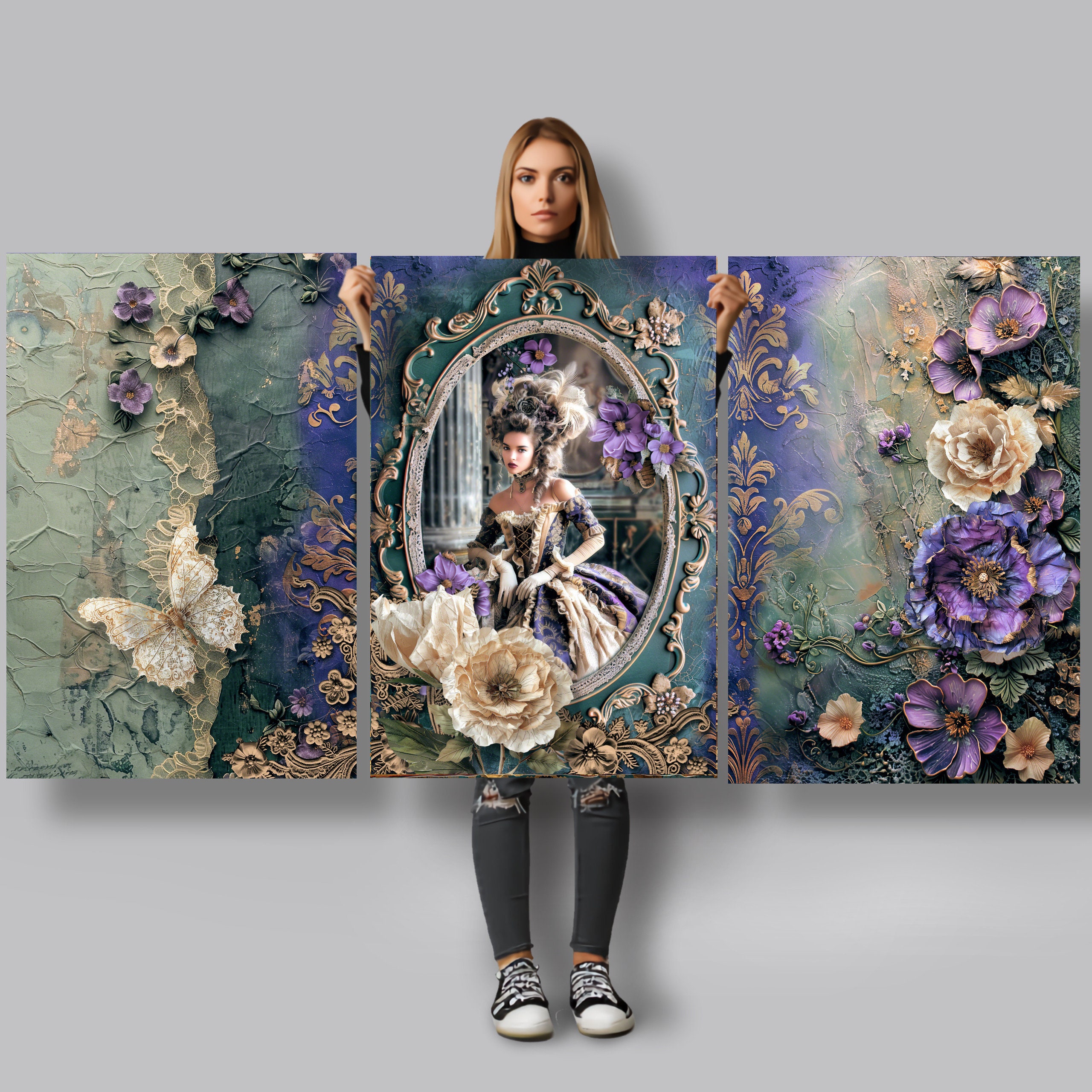 Marie Antoinette Portrait Triptych: Baroque Floral Wall Art (digital ...