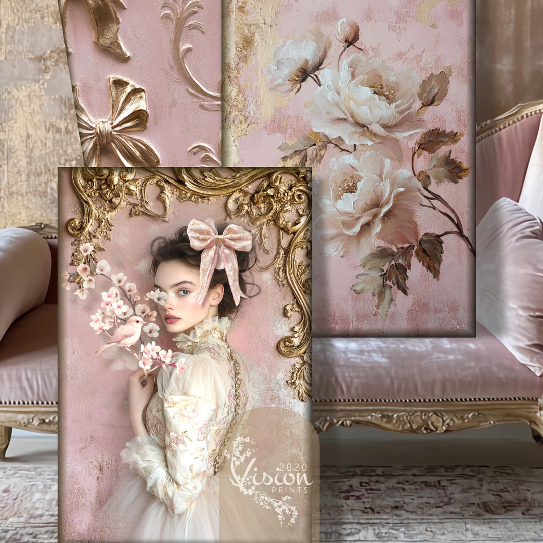 Rose Pink Coquette Portrait Art Prints: Rococo Bird & Peony (digital ...