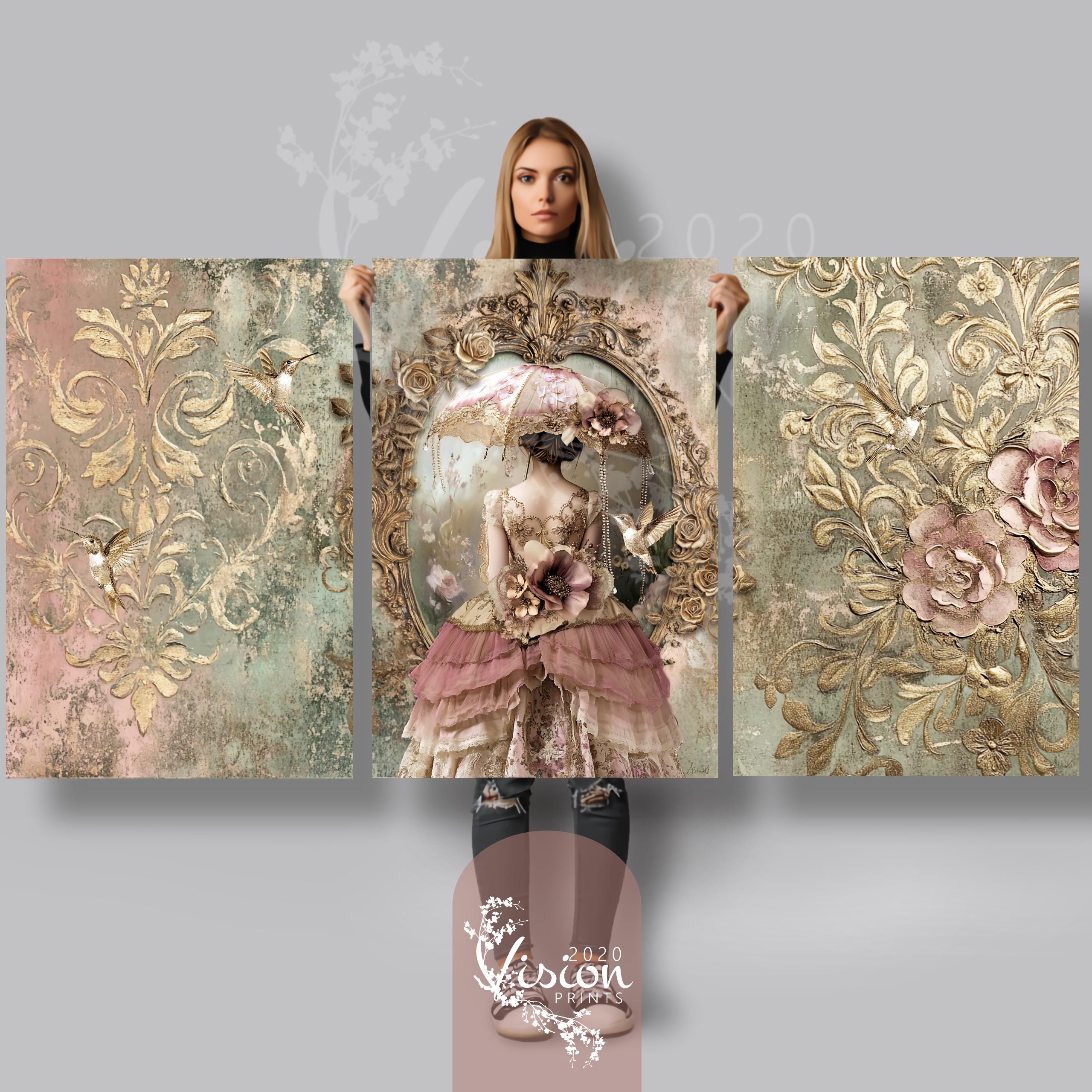 Victorian Lady Portrait: Floral Baroque Triptych Wall Art (digital ...