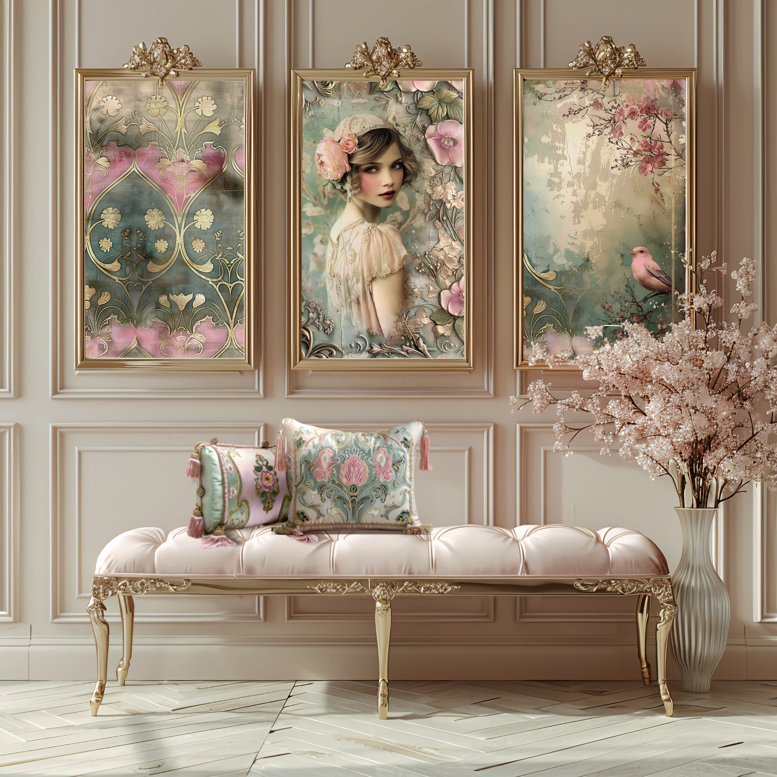 Art Deco Flapper Girl Print Set: Vintage Floral Wall Art (digital ...