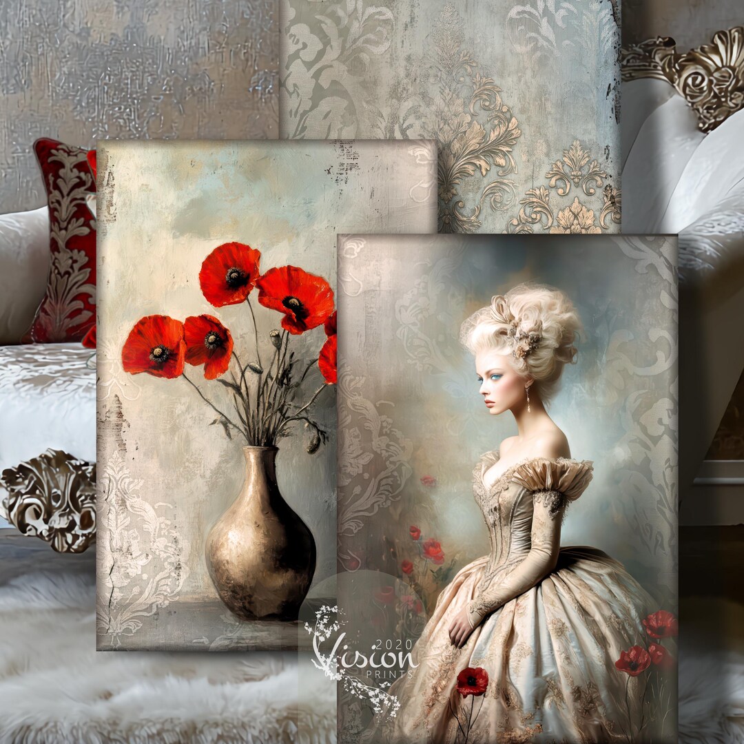 Bouffant Blooms Rococo Portrait Romance, Still Life Poppies & Damask ...