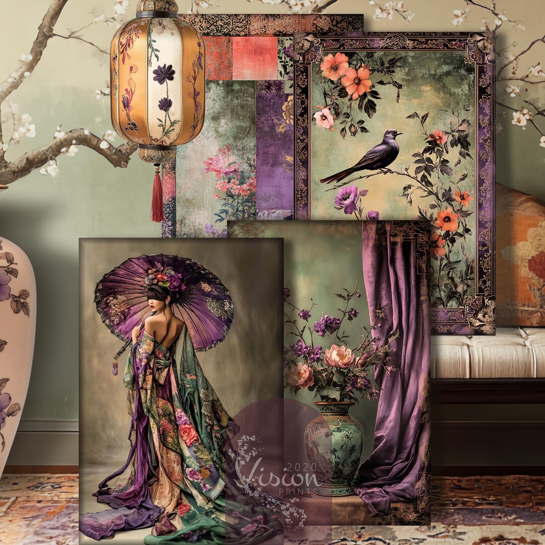 Oriental Aesthetics Geisha Bird Patterns & Floral Digital Download Set ...