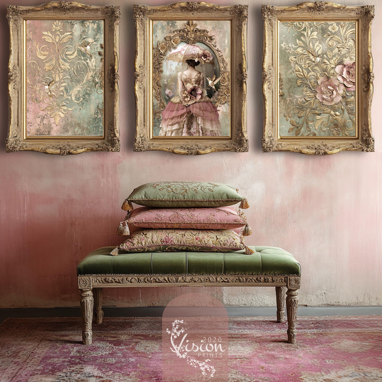 Victorian Lady Portrait: Floral Baroque Triptych Wall Art (digital ...