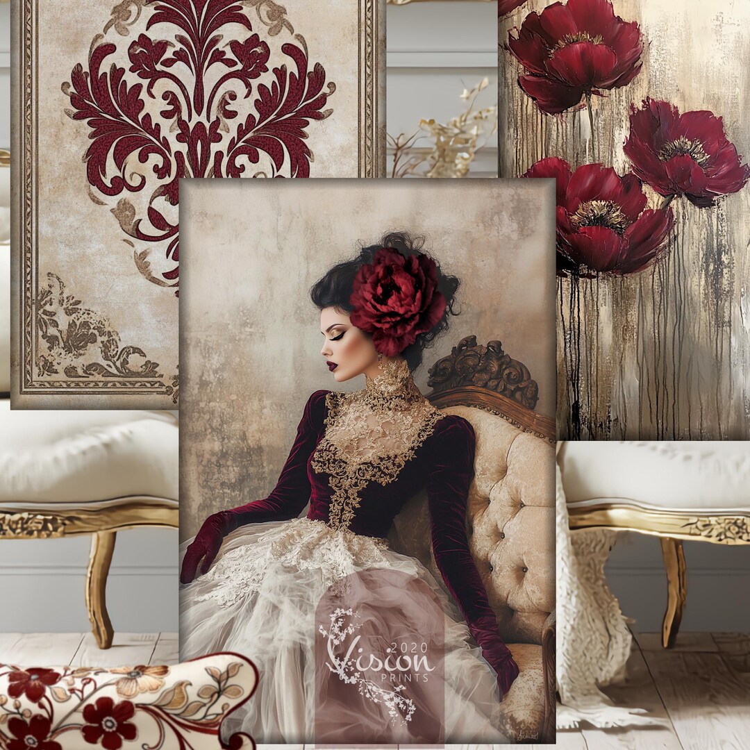 Burgundy Muse, Elegant Portrait Beauty, Floral & Demask Large Format ...
