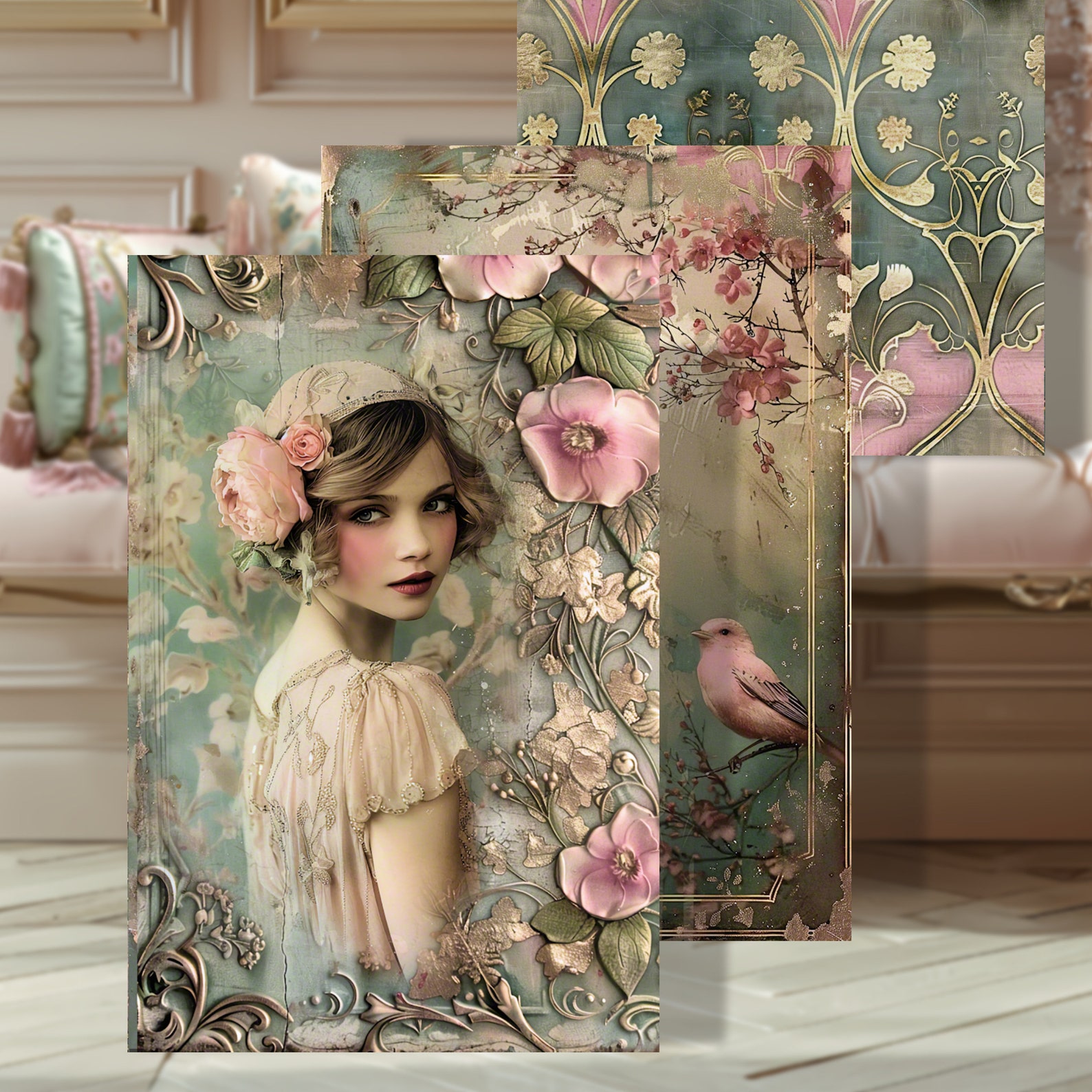 Art Deco Flapper Girl Print Set: Vintage Floral Wall Art (digital ...