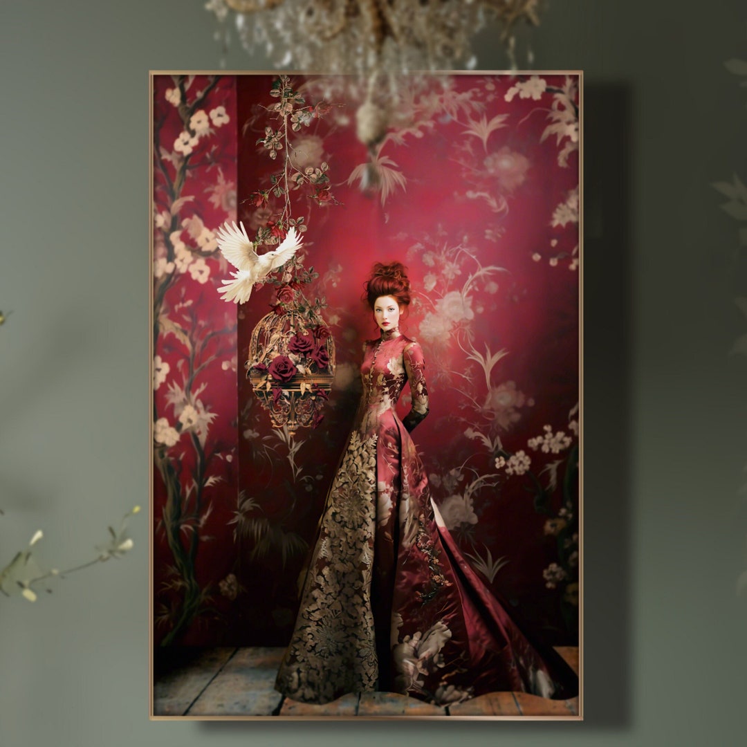 Maroon Lady Portrait: Bird Cage, Floral, Dove - Printable Wall Art ...