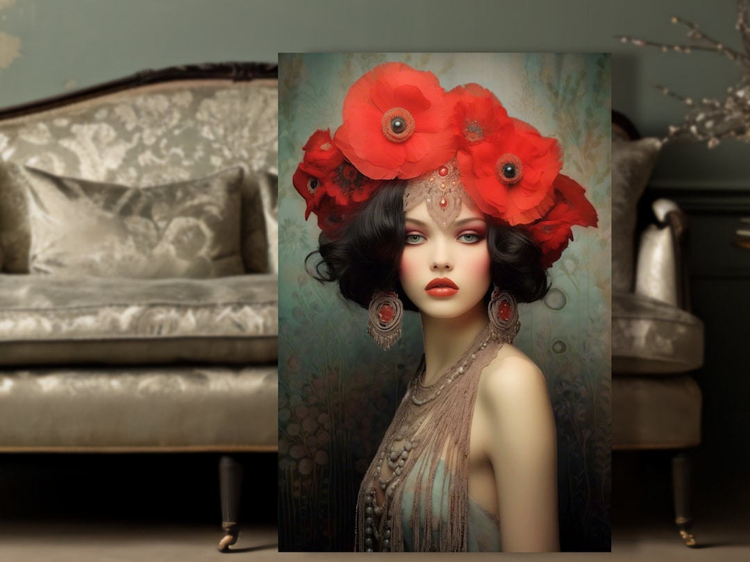 1920s Flapper Portrait Art Print: Vibrant Poppies (digital Download) - Etsy