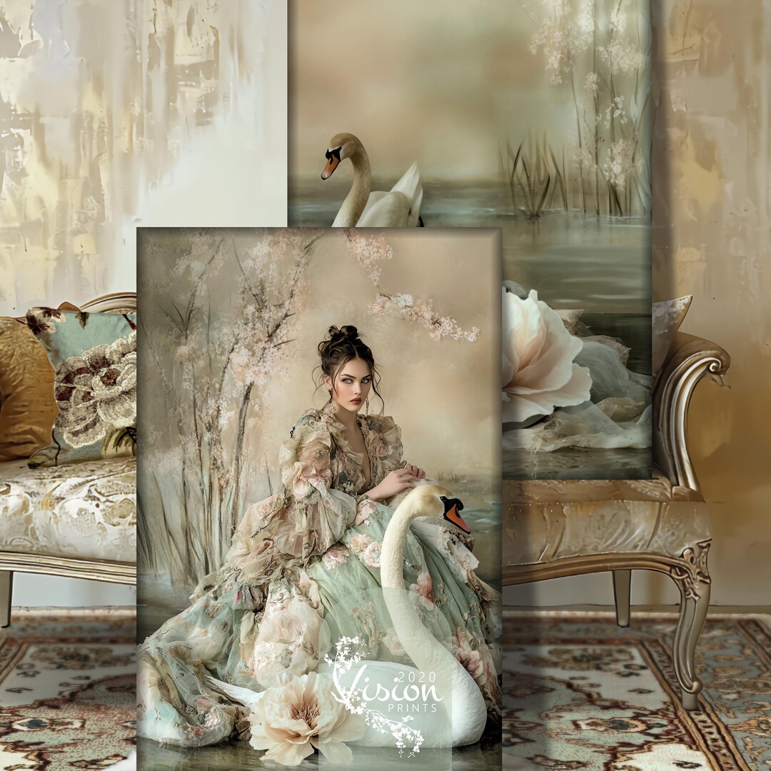 Lady and Swan Portrait Art Print: Elegant Bouffant Diptych (digital ...