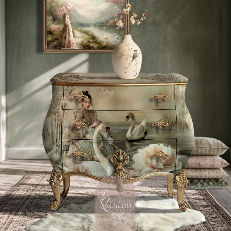 Lady and Swan Portrait Art Print: Elegant Bouffant Diptych (digital ...