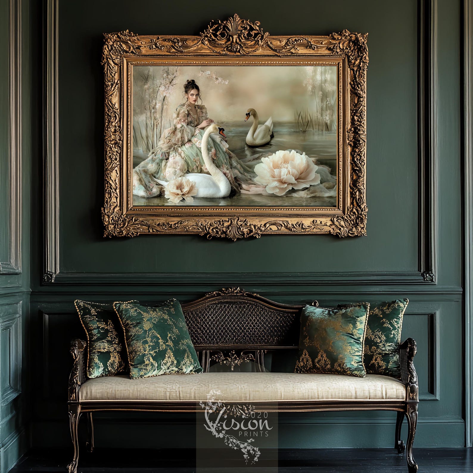 Lady and Swan Portrait Art Print: Elegant Bouffant Diptych (digital ...