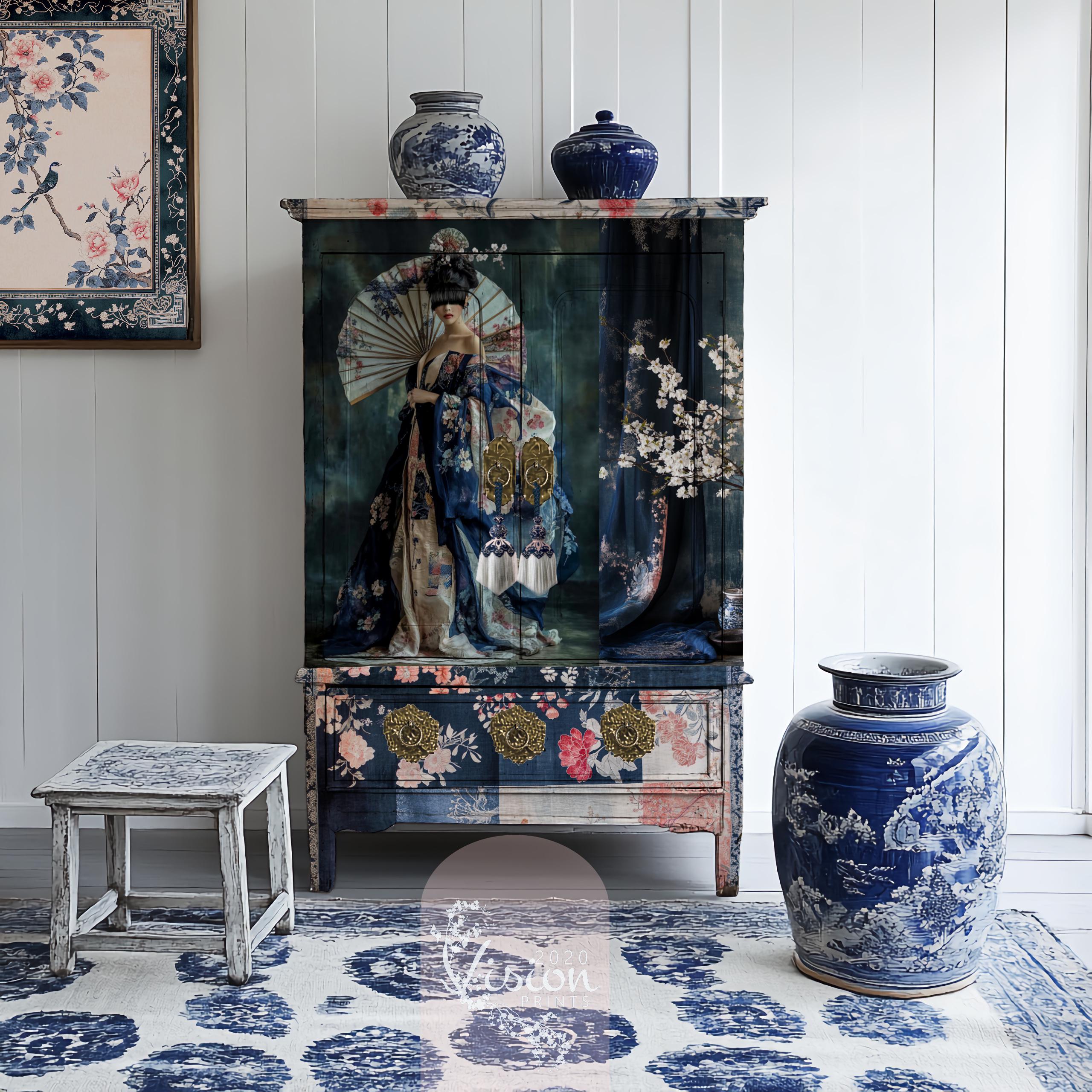 Geisha Bird Chinoiserie Wall Art: Japanese Floral Decoupage (digital ...