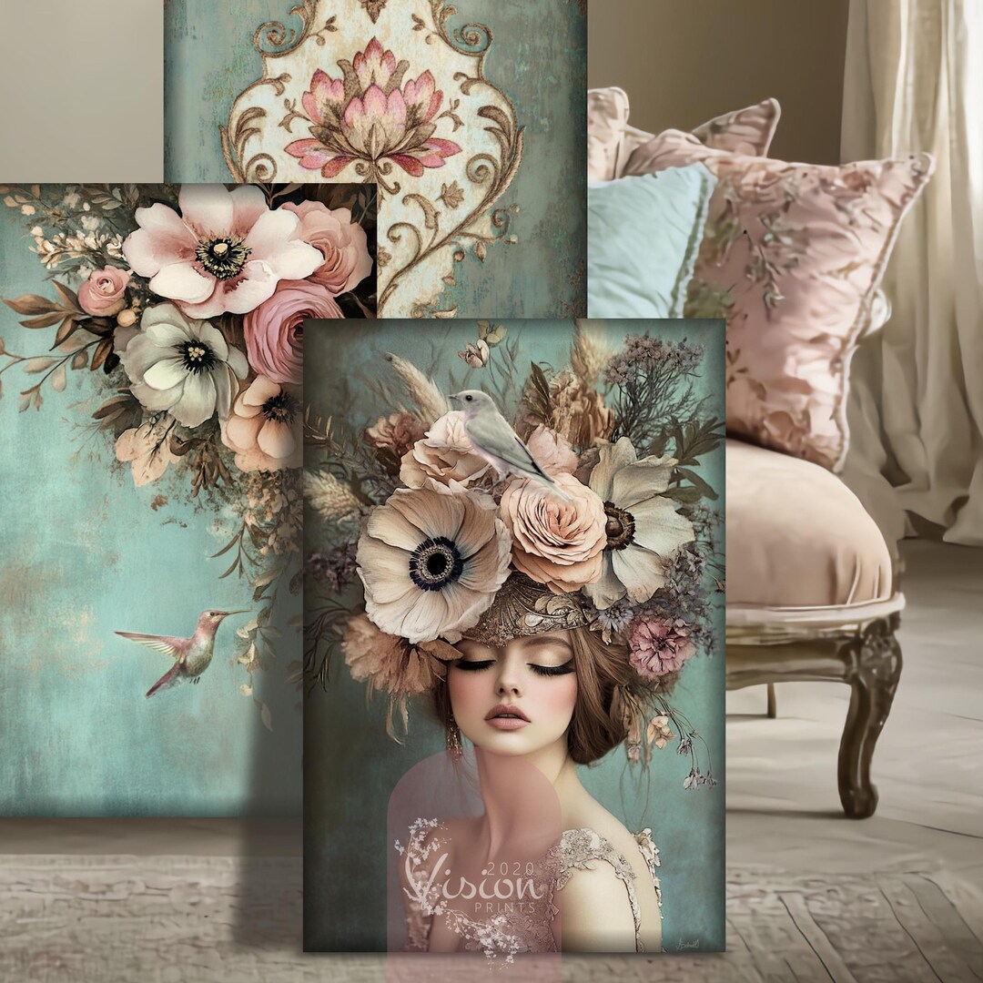 Flapper Portrait Art Print Set: Vintage Floral Demask Gallery Wall ...
