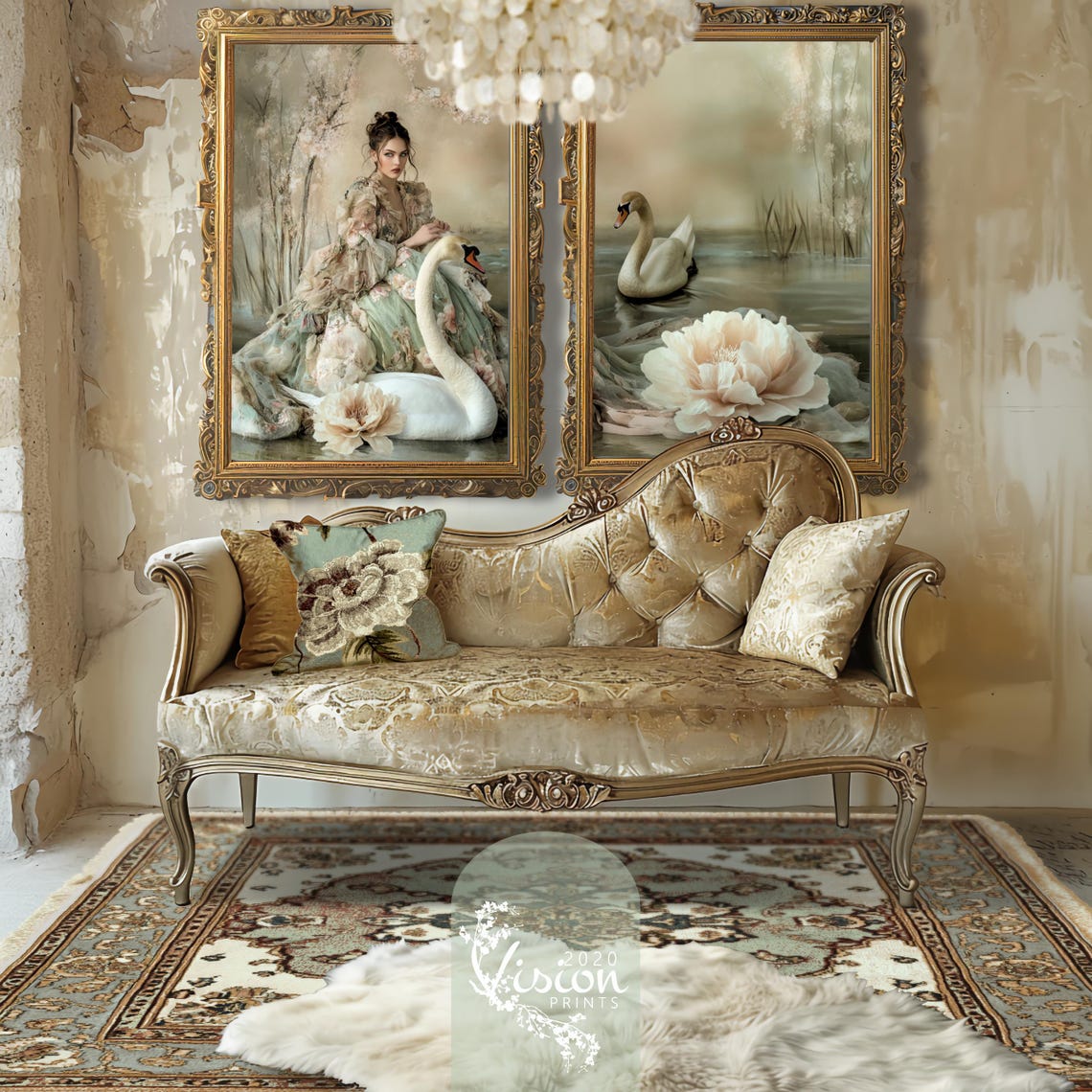 Lady and Swan Portrait Art Print: Elegant Bouffant Diptych (digital ...