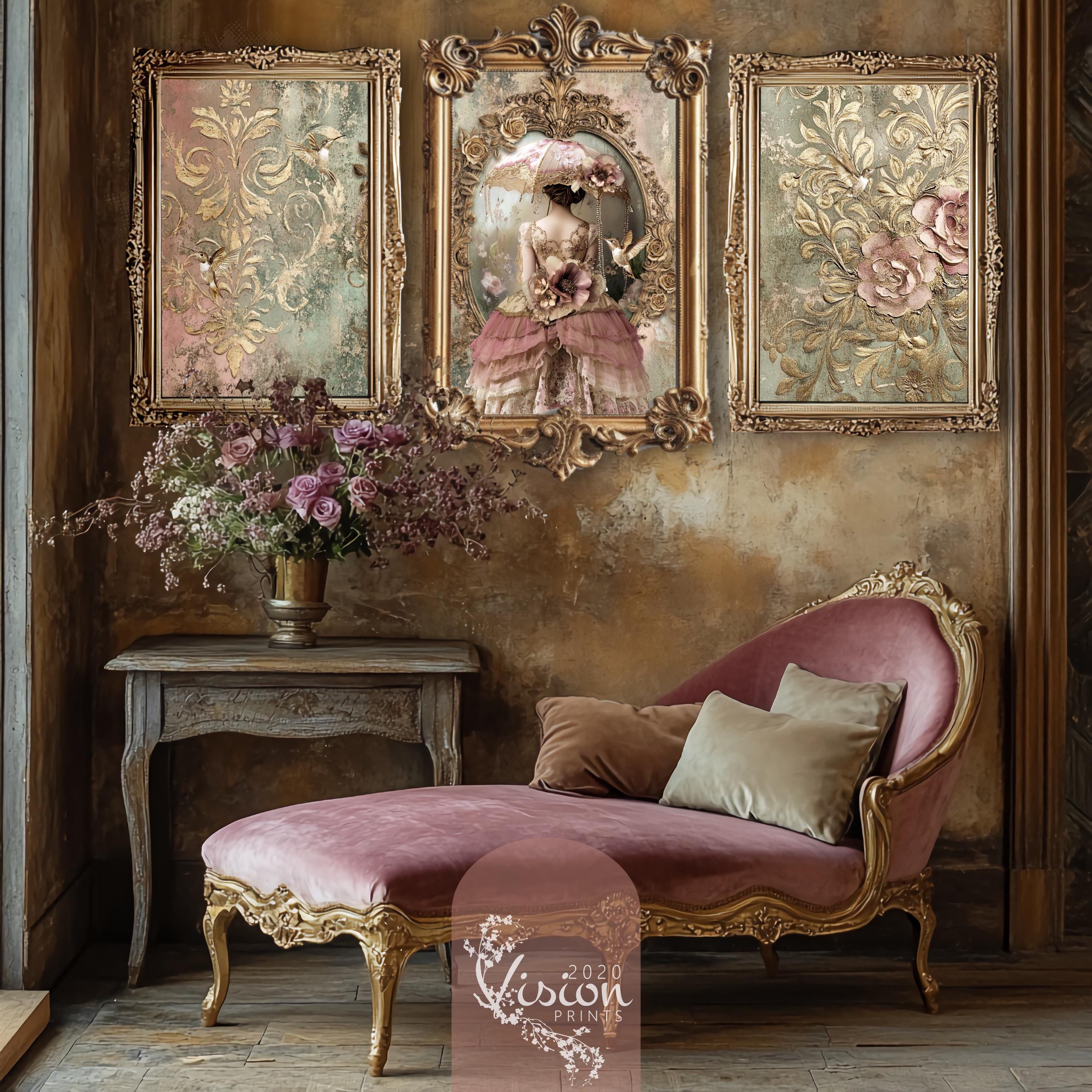Victorian Lady Portrait: Floral Baroque Triptych Wall Art (digital ...