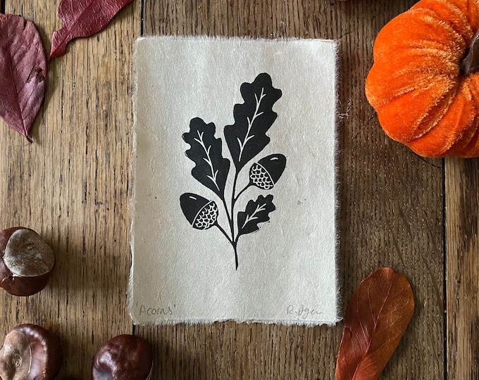 Original 'acorns' Lino Print Prints Mini Print A6 Oak Leaves Wall Decor ...