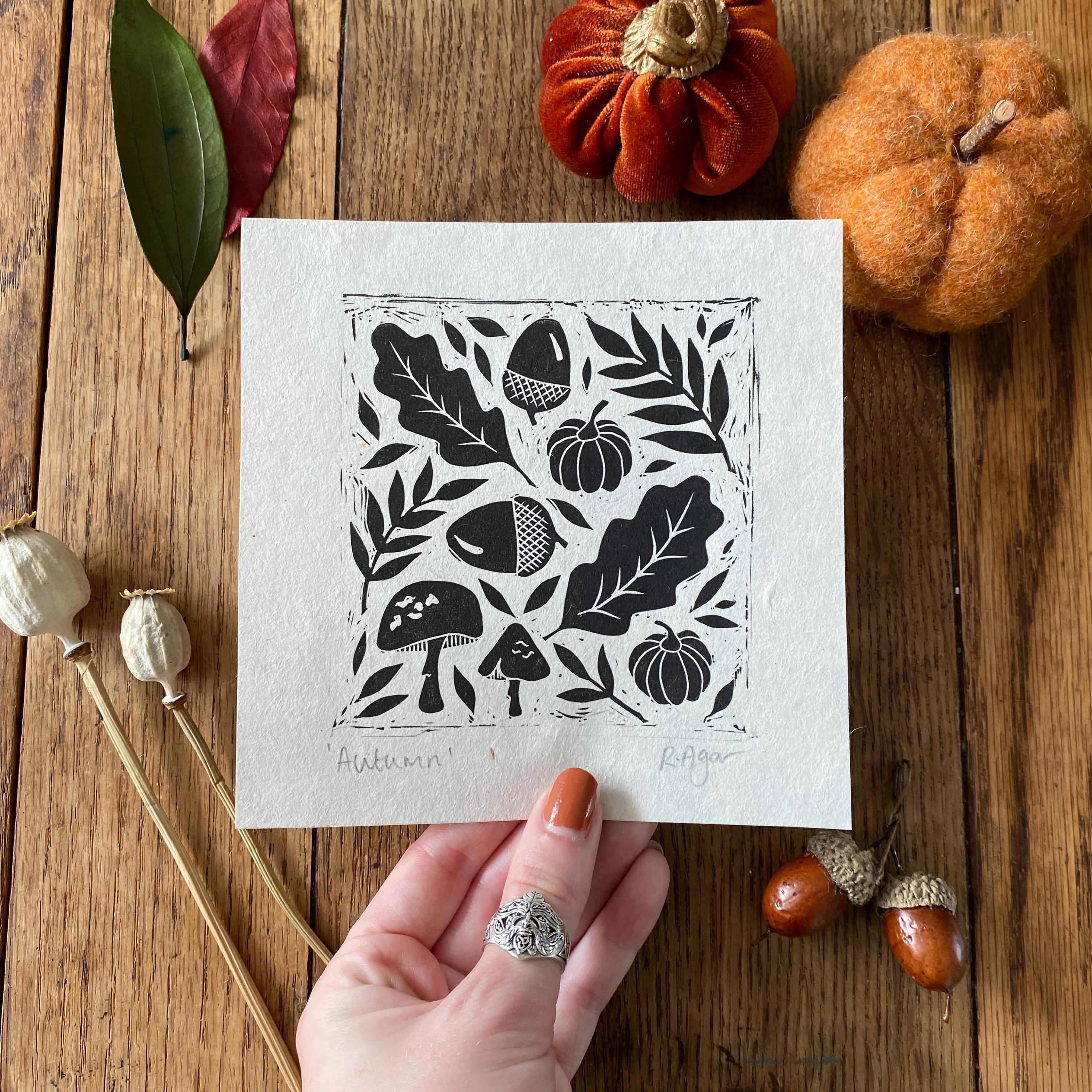 Hand Printed Autumnal Lino Print on Lokta Paper, Fall Decor - Etsy
