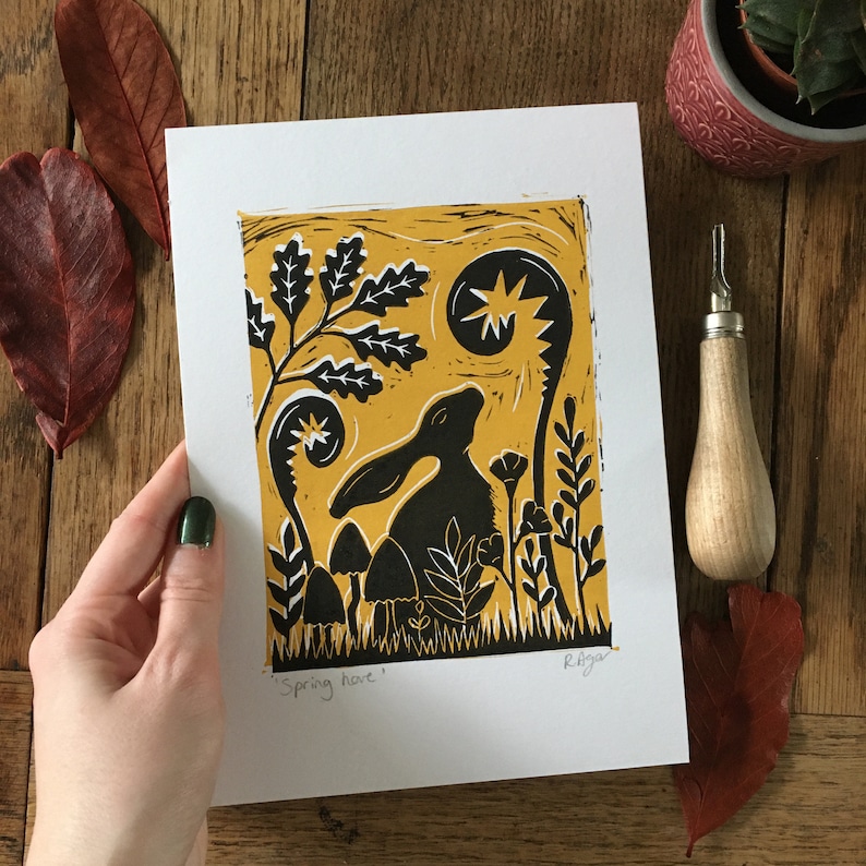 Original 'spring Hare' Lino Print Prints Home - Etsy UK