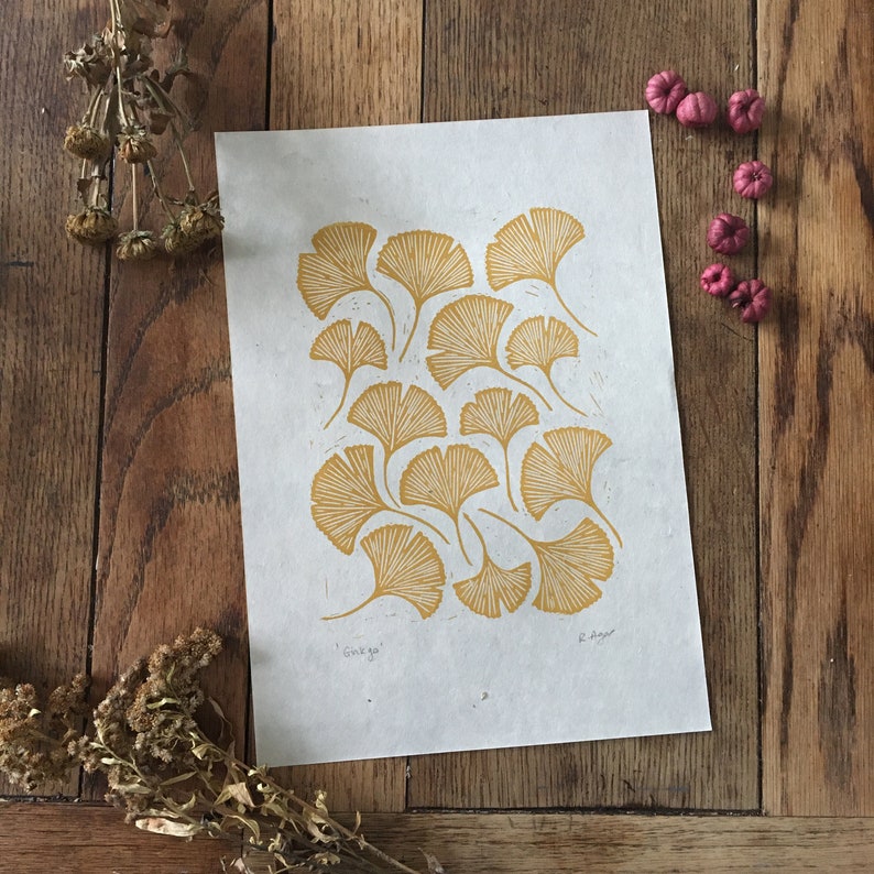 Original 'ginkgo' Lino Print Ginkgo Leaves Home - Etsy