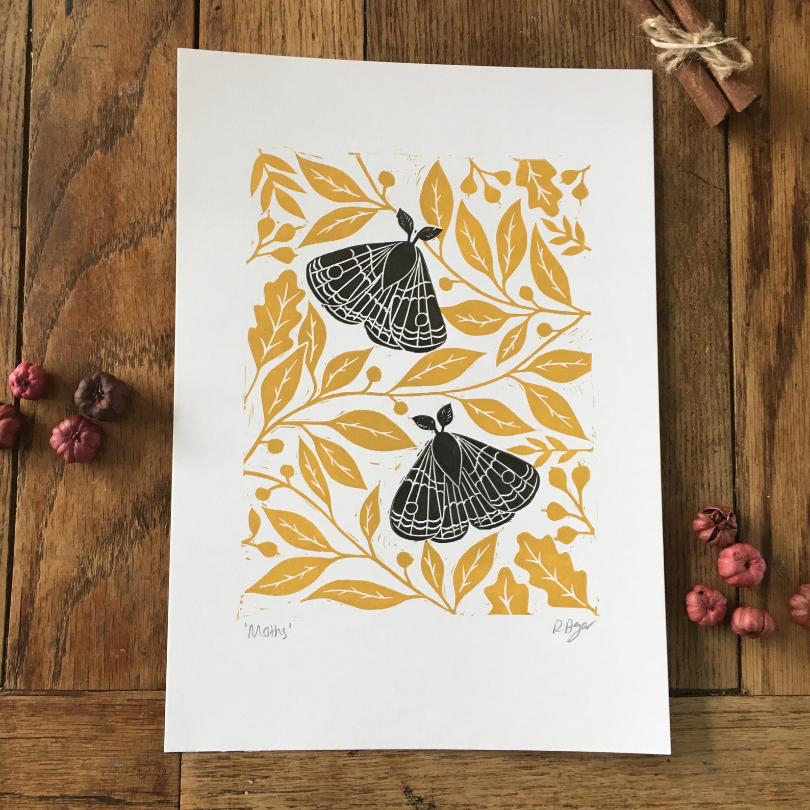 Original Moth Lino Print Home & Living Botanical Home | Etsy