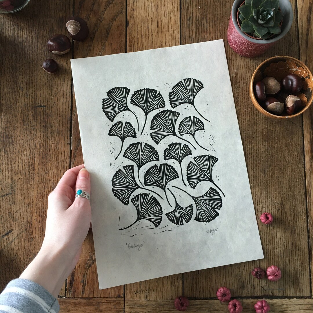 Original 'ginkgo' Lino Print | Ginkgo Leaves | Home Decor | Home ...