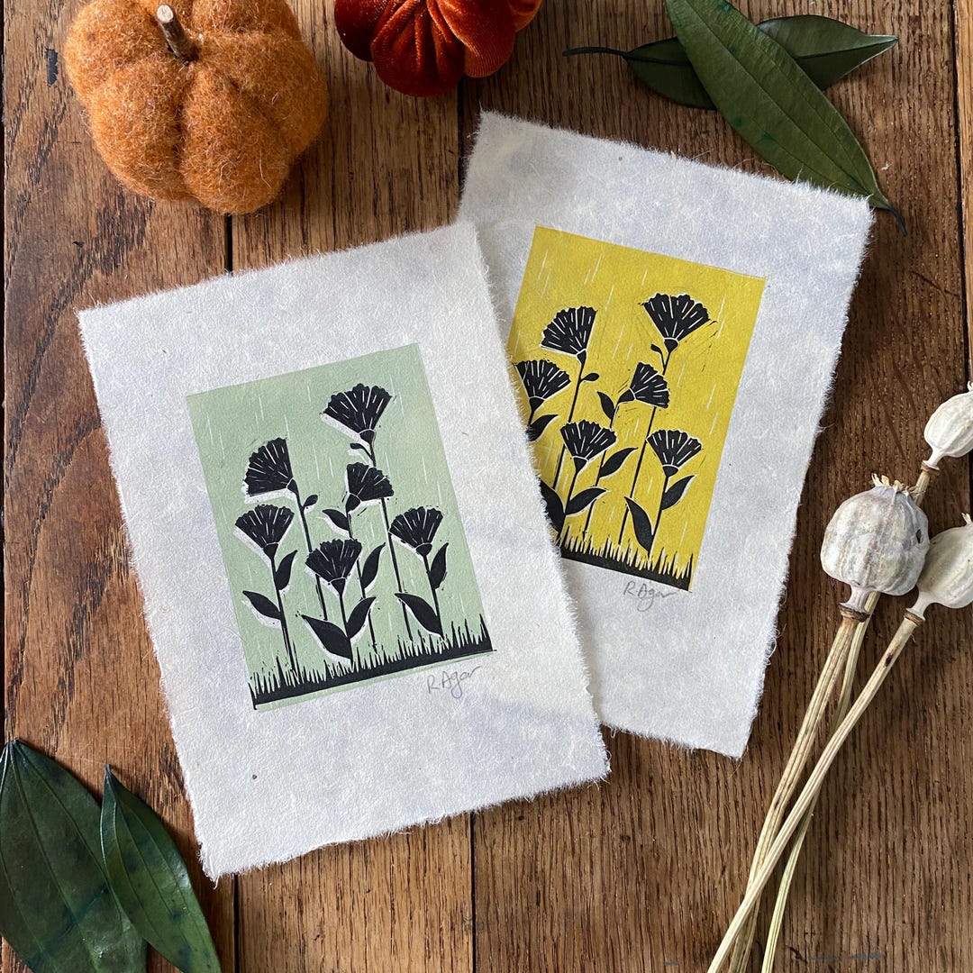 Original Floral Lino Print, Wildflowers, Rustic Style, Home & Living ...