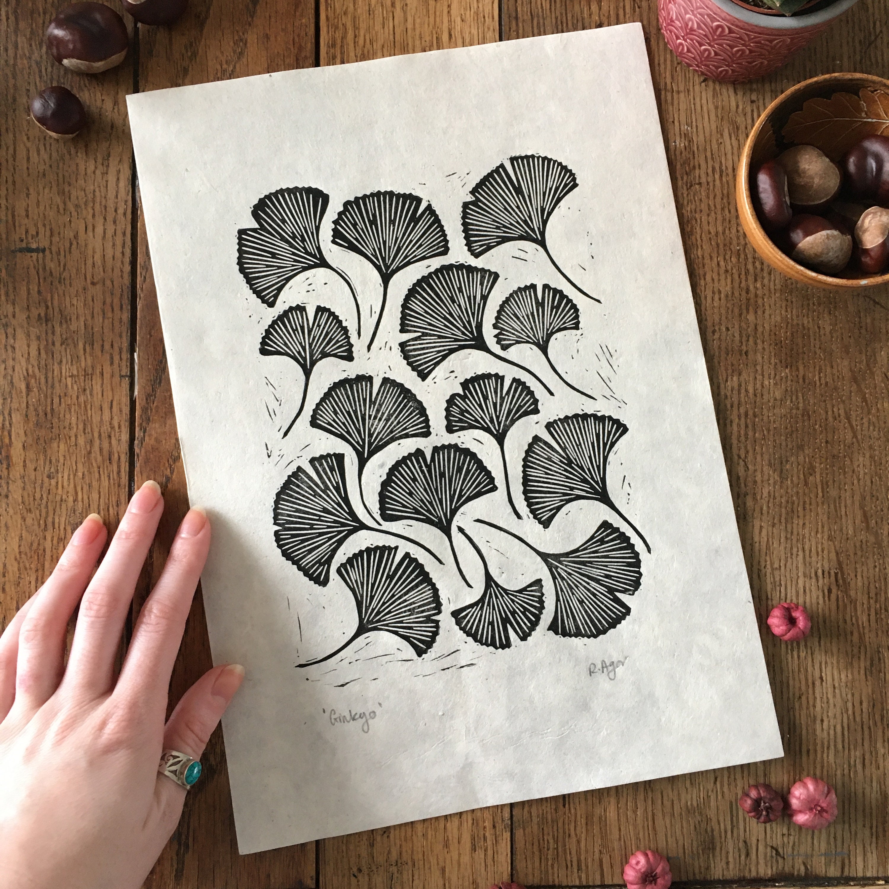 Original 'ginkgo' Lino Print Ginkgo Leaves Home - Etsy UK