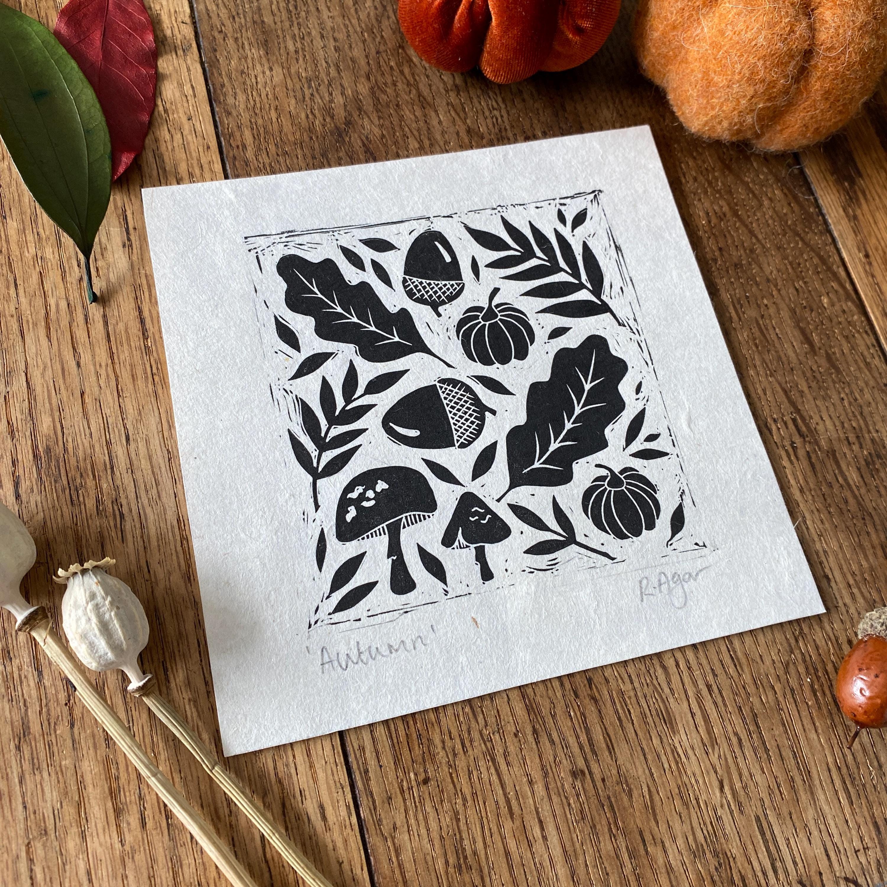 Hand Printed Autumnal Lino Print on Lokta Paper, Fall Decor - Etsy
