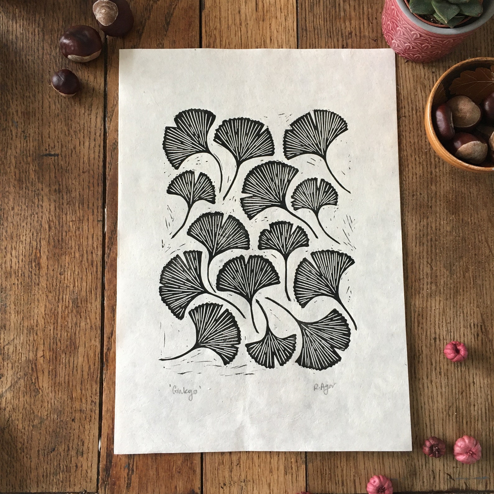 Original 'ginkgo' Lino Print Ginkgo Leaves Home - Etsy UK