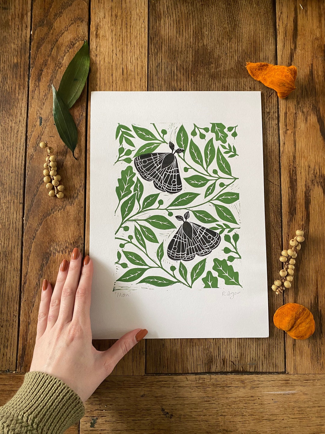 Original Moth Lino Print Home & Living Botanical Home - Etsy