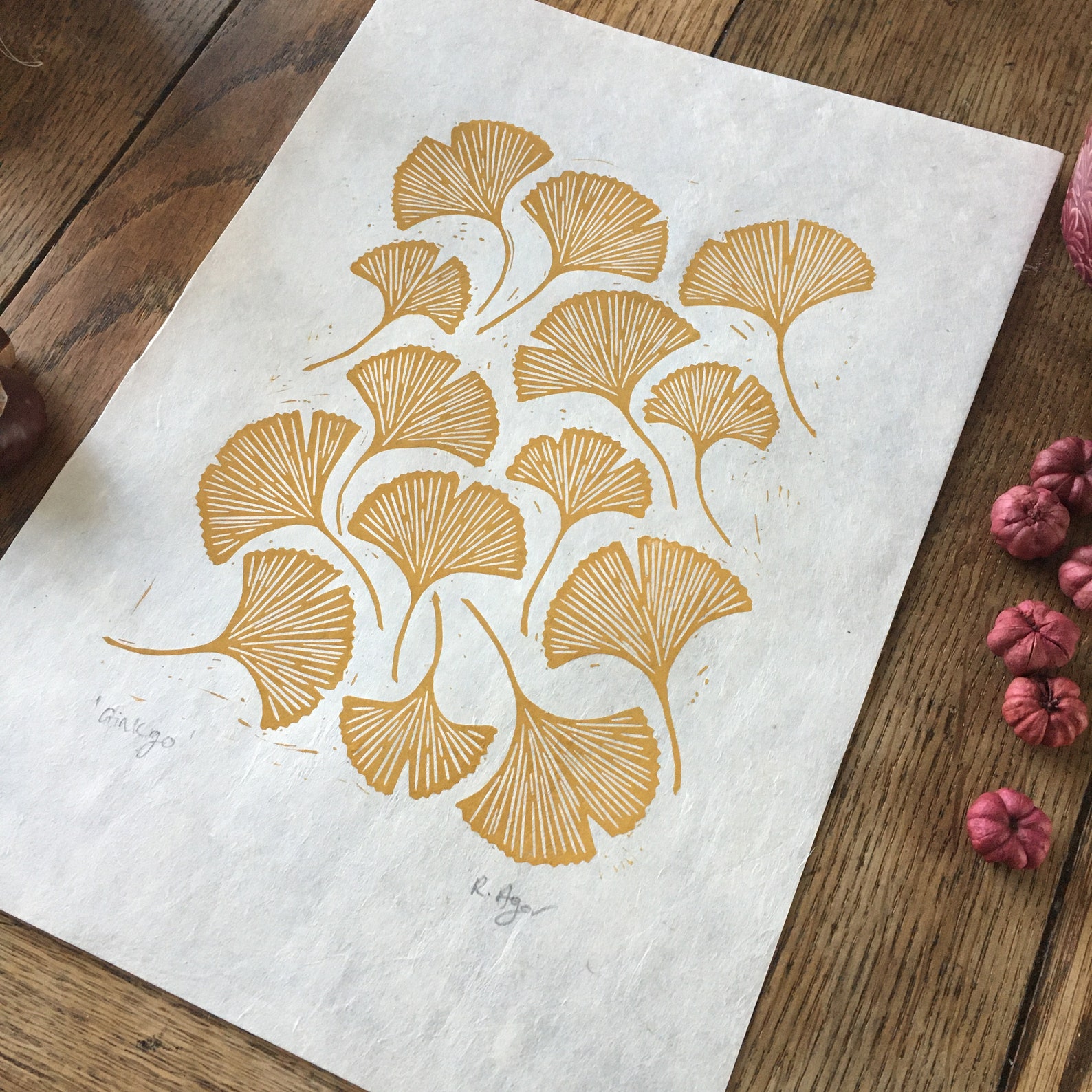 Original 'ginkgo' Lino Print Ginkgo Leaves Home - Etsy