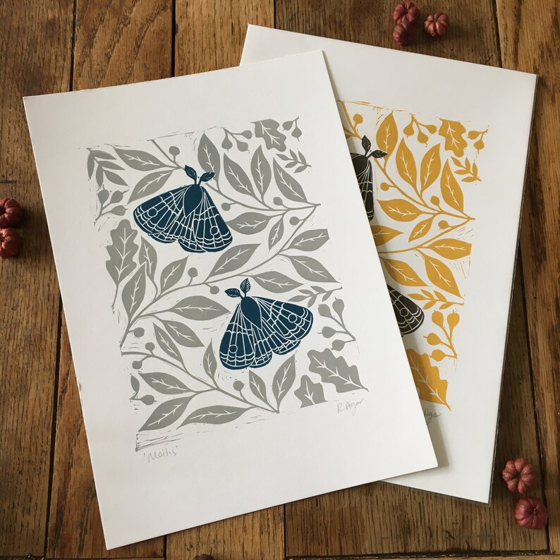 Original Moth Lino Print Home & Living Botanical Home | Etsy