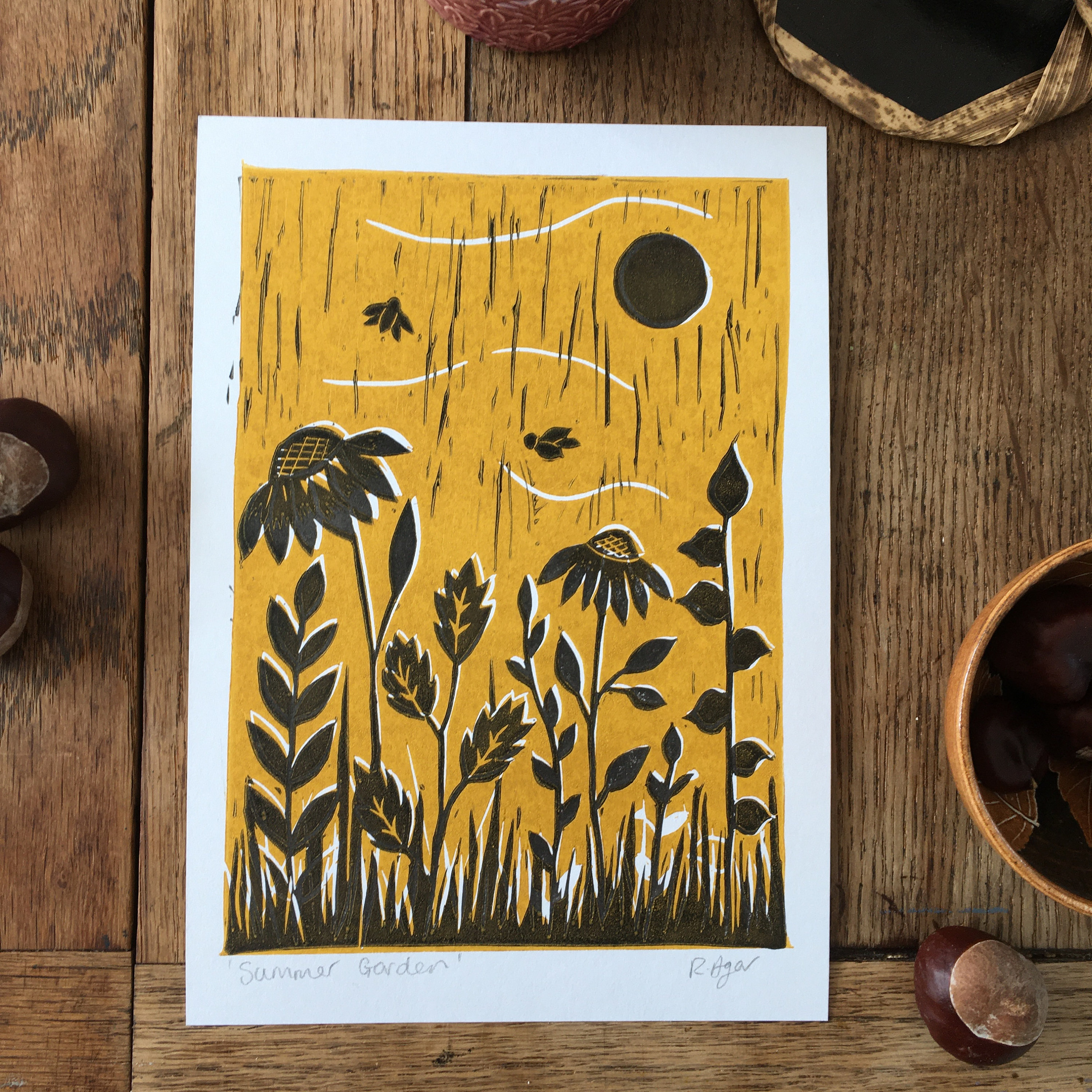 Original 'Sommergarten' Linoldruck A5-Druck Wohnen | Etsy