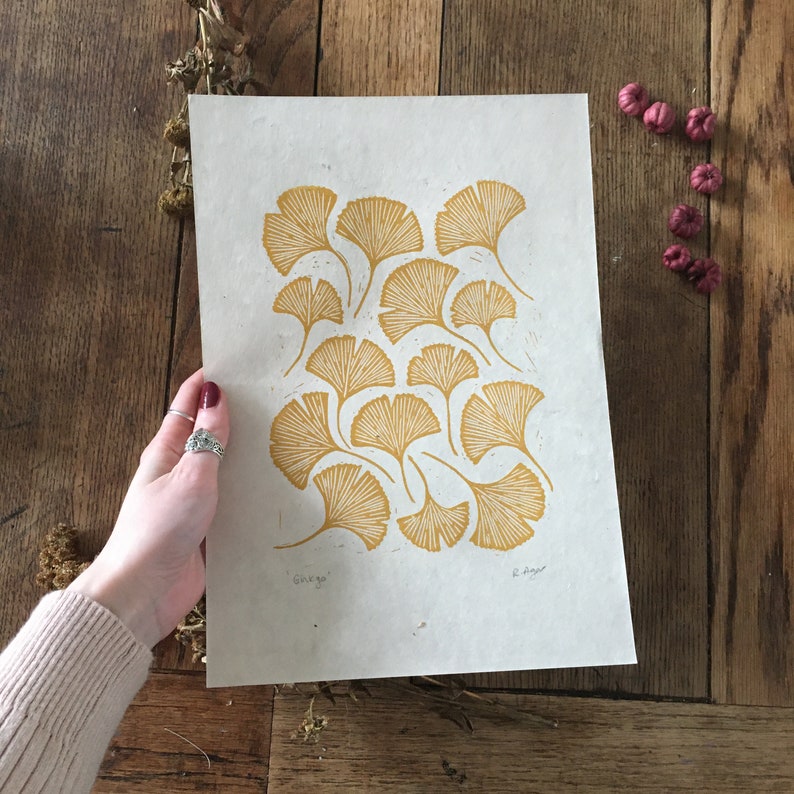 Original 'ginkgo' Lino Print Ginkgo Leaves Home - Etsy UK