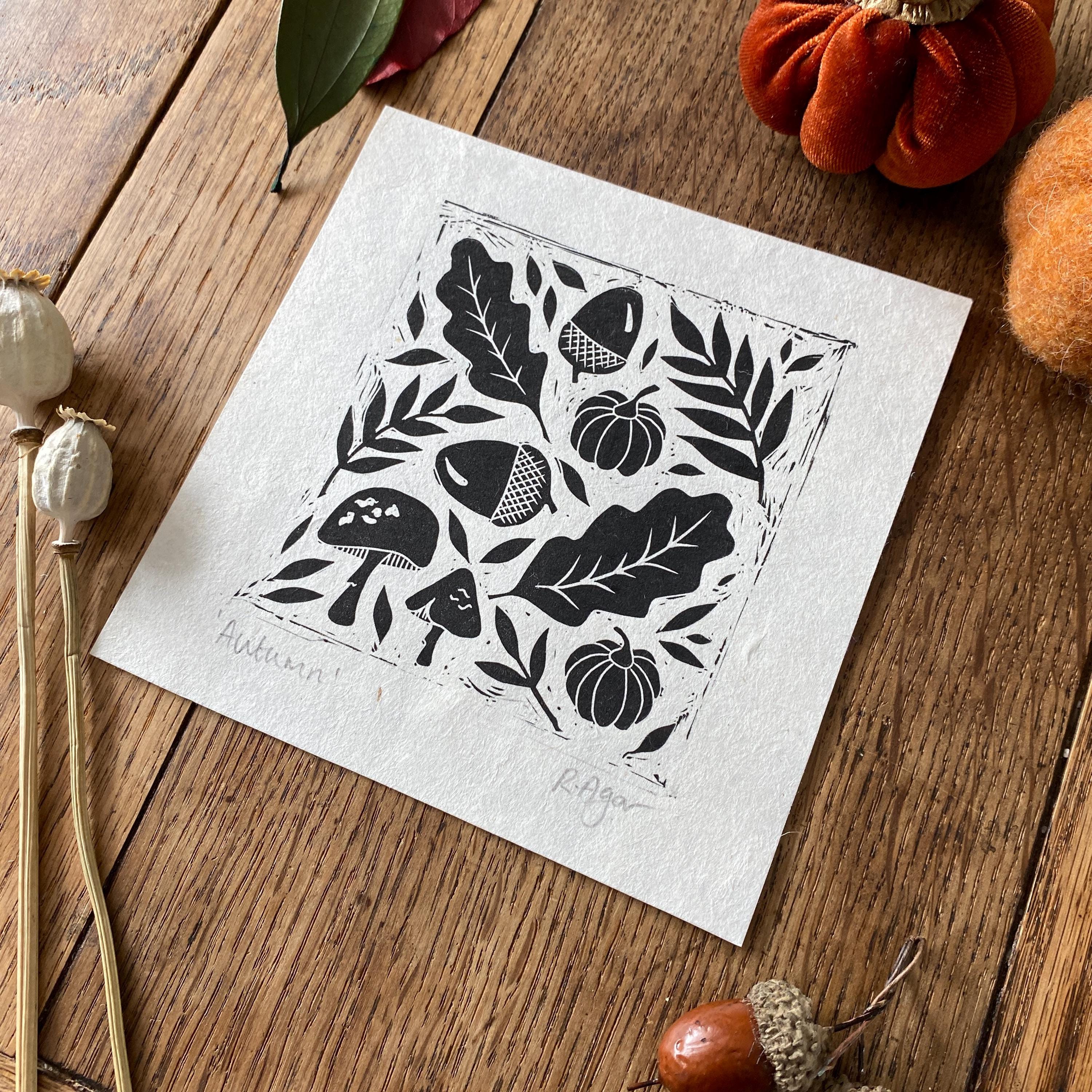 Hand Printed Autumnal Lino Print on Lokta Paper, Fall Decor - Etsy