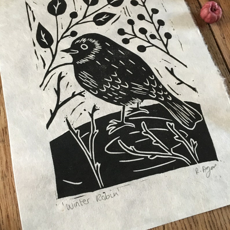 Original 'winter Robin' Lino Print Prints A5 Print | Etsy