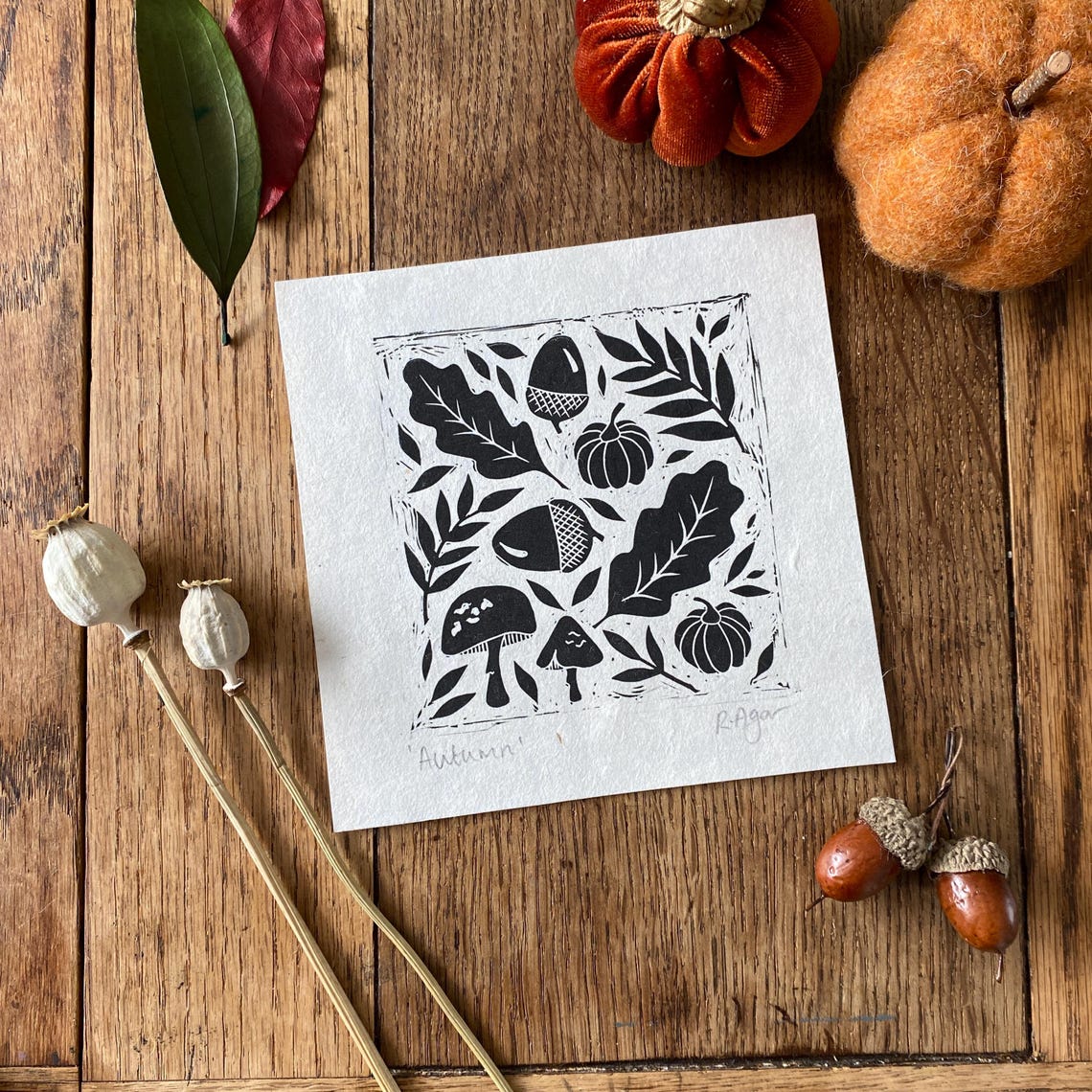 Hand Printed Autumnal Lino Print on Lokta Paper, Fall Decor - Etsy
