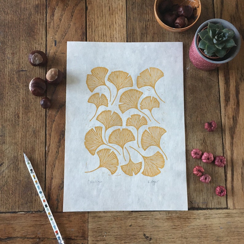 Original 'ginkgo' Lino Print | Ginkgo Leaves | Home Decor | Home ...