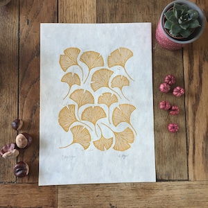 Original 'ginkgo' Lino Print | Ginkgo Leaves | Home Decor | Home ...