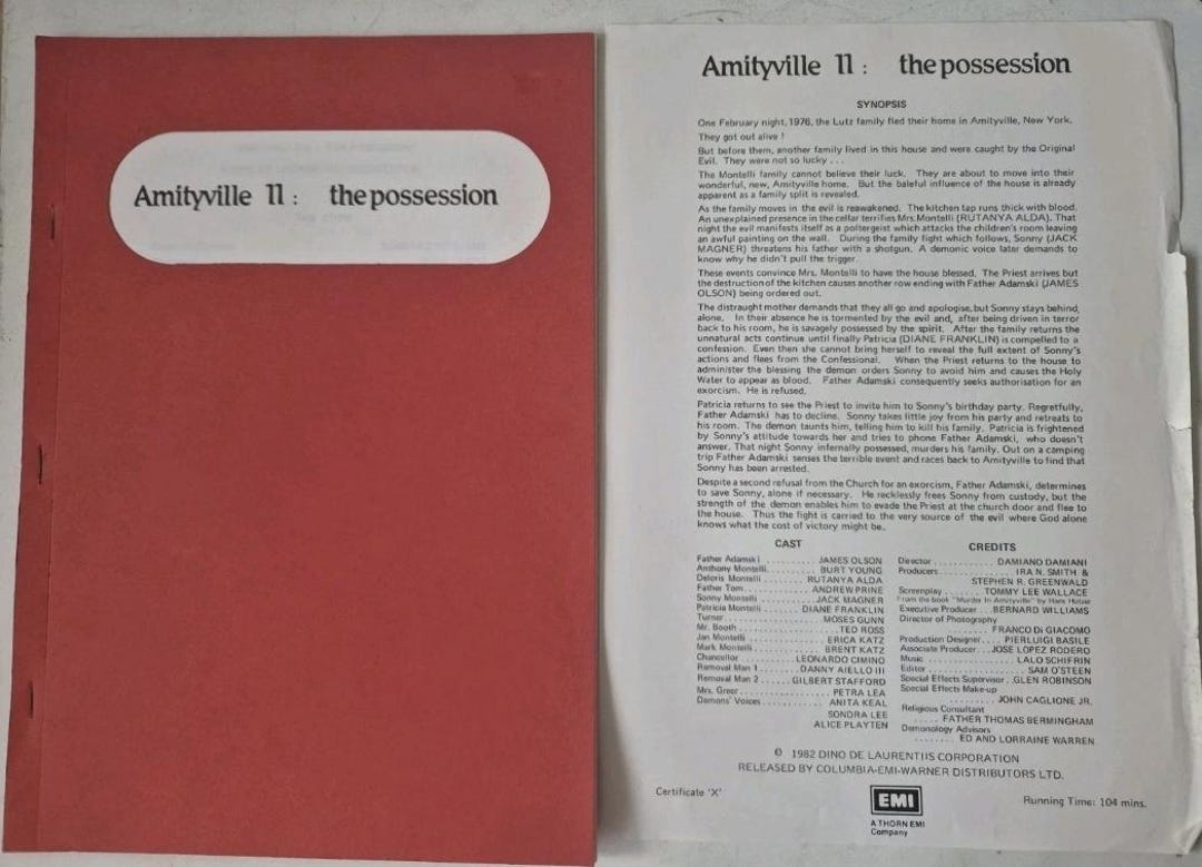 Amityville II the Possession 1982 Production Press Booklet & Synopsis ...