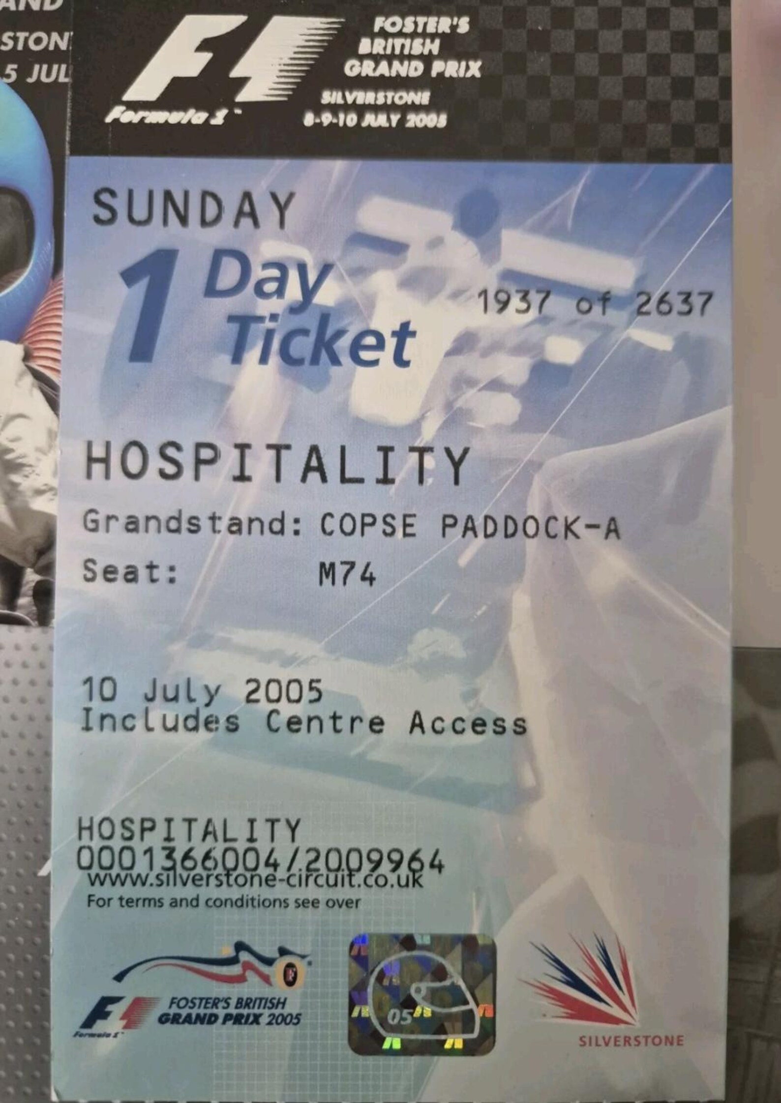 Formula One British Grand Prix 2005 Paddock Copse Hospitality Ticket ...